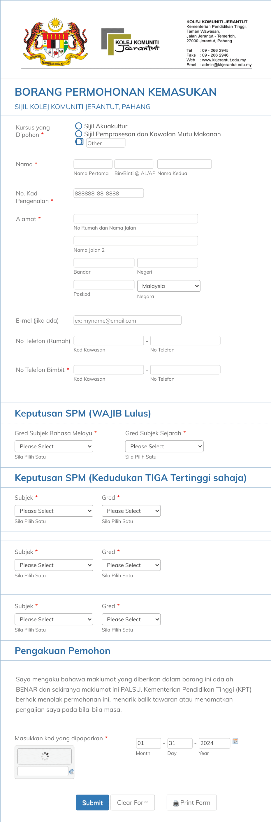 Borang Permohonan Kemasukan Kolej Komuniti 양식 템플릿 | Jform
