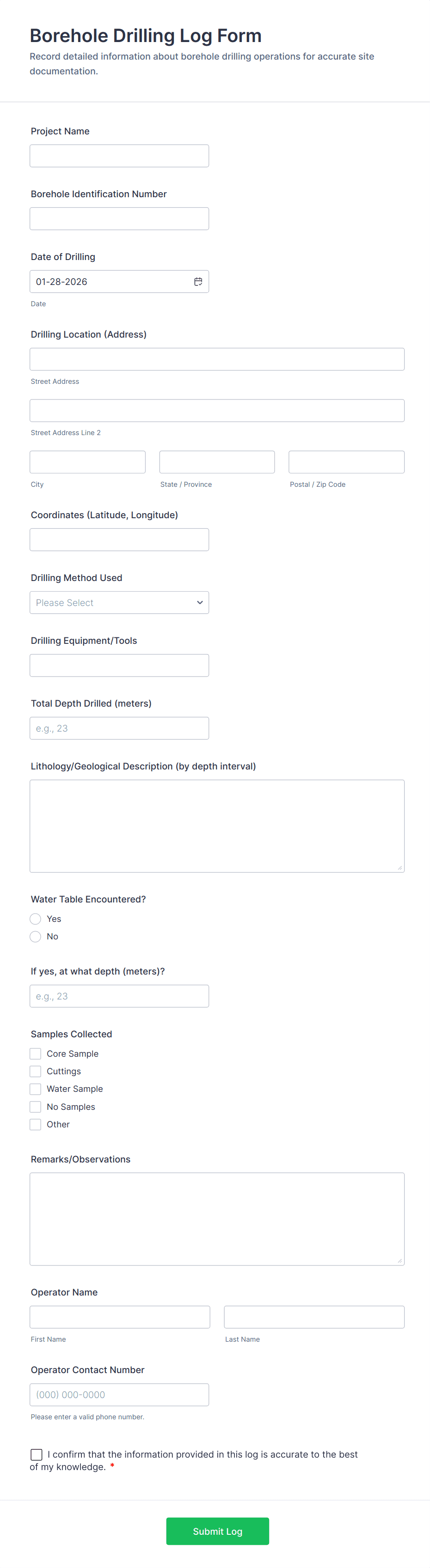 Borehole Drilling Log Form | Jotform