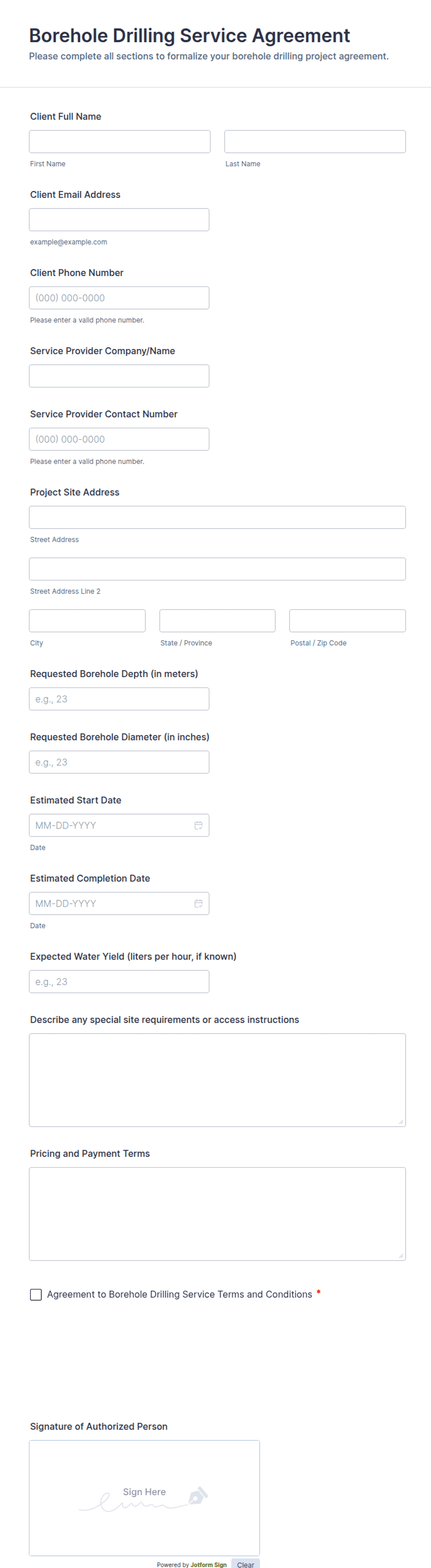 Borehole Drilling Service Agreement Form Template | Jotform