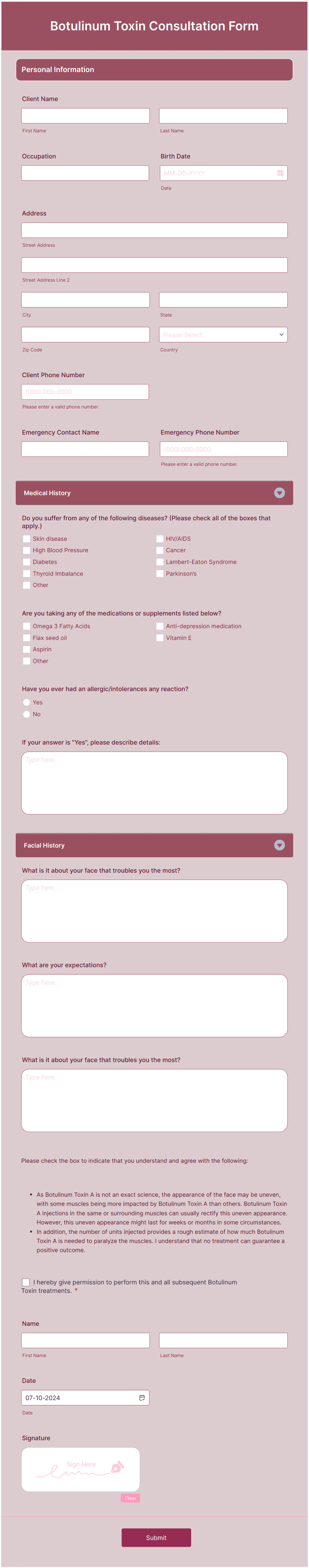 Botulinum Toxin Consultation Form Template | Jotform