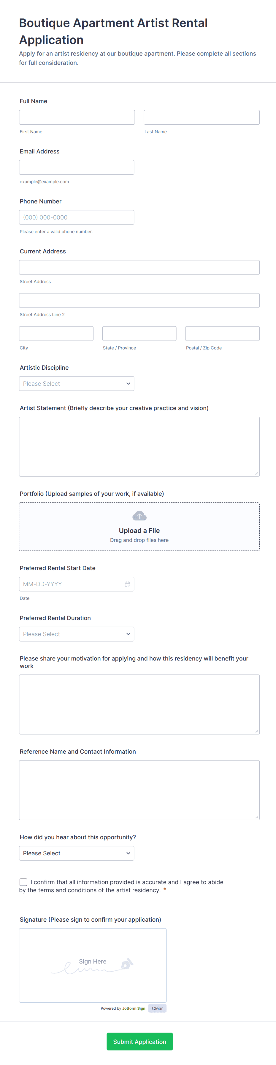 Boutique Apartment Artist Rental Application Form Template | Jotform