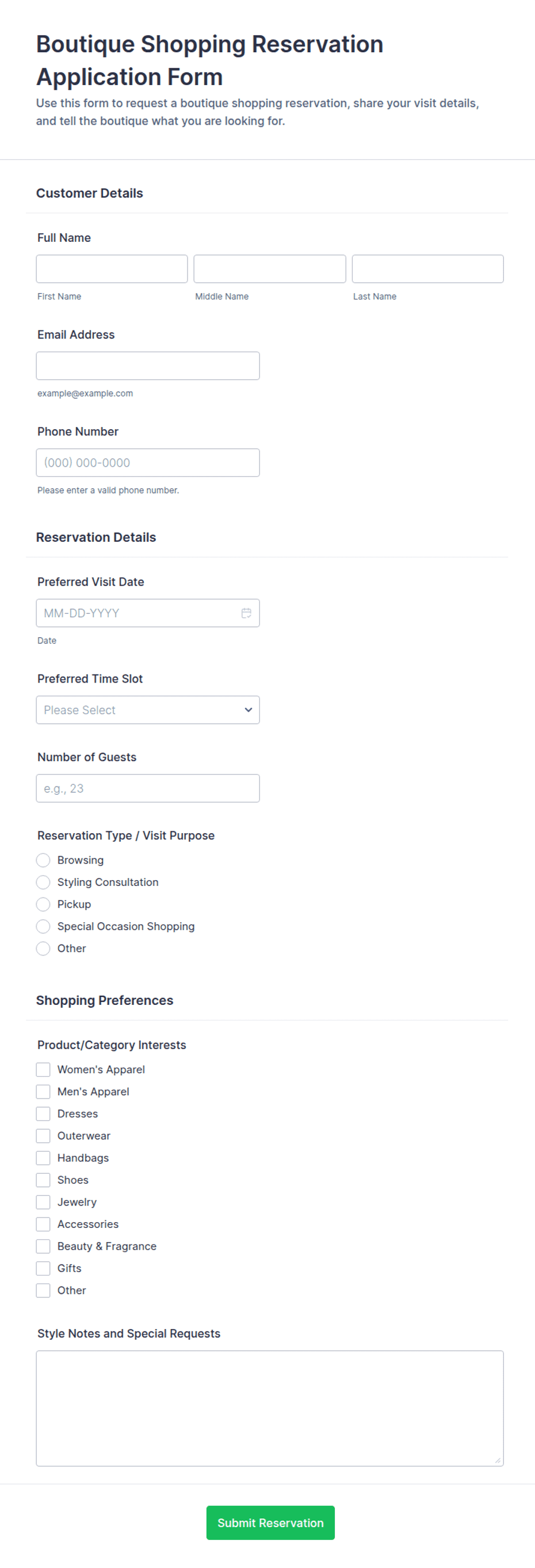 Boutique Shopping Reservation Application Form Template | Jotform