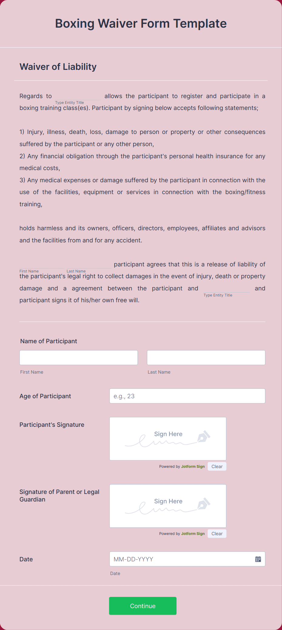 Boxing Waiver Form Template | Jotform