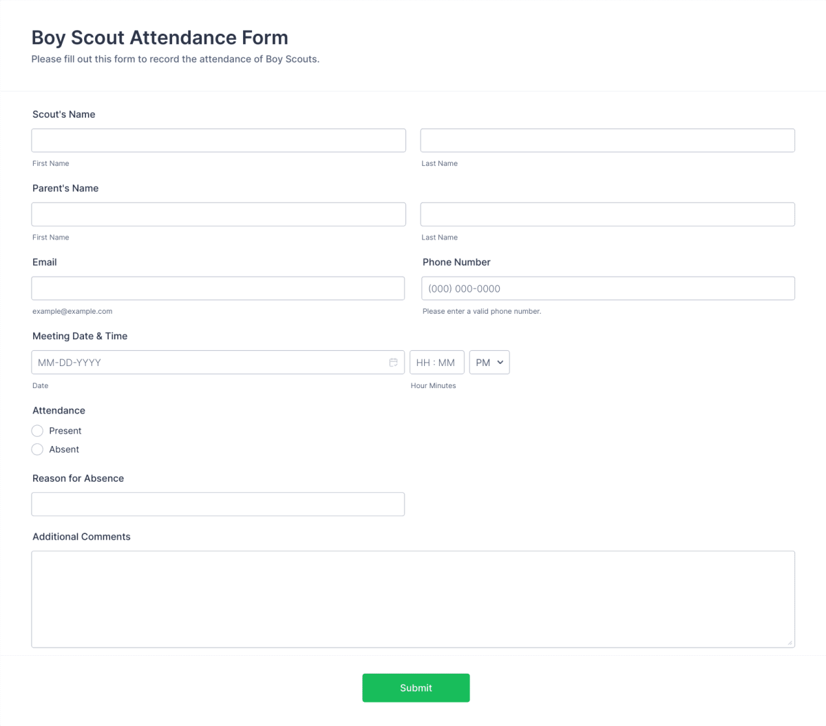 Boy Scout Attendance Form Template | Jotform