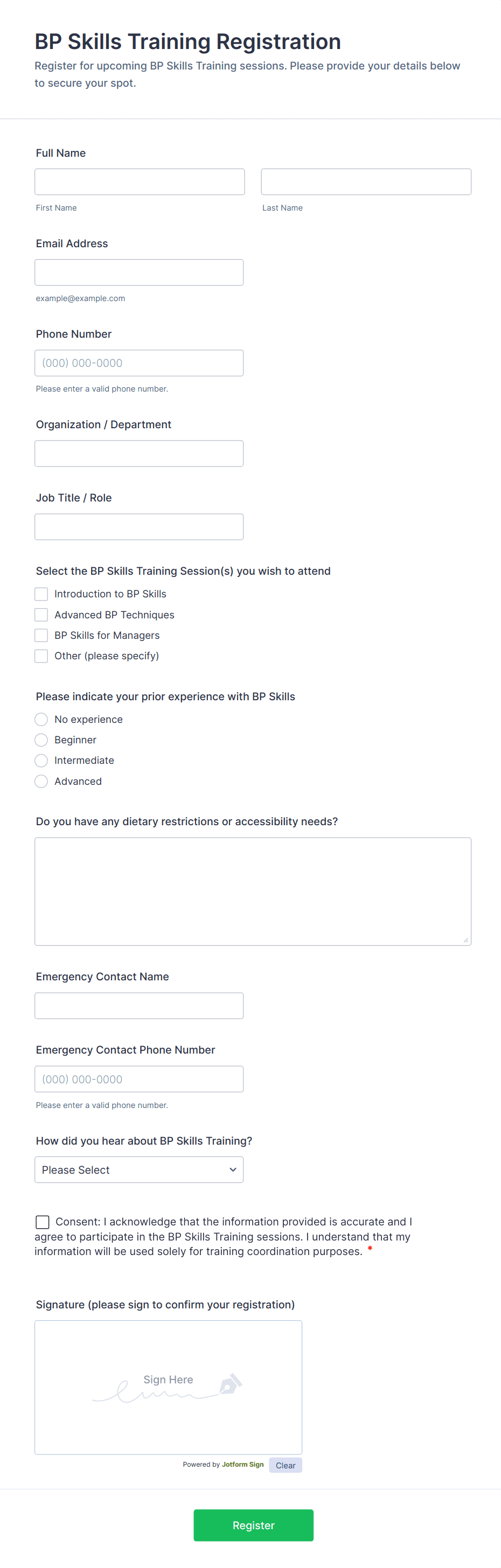 BP Skills Training Registration Form Template | Jotform