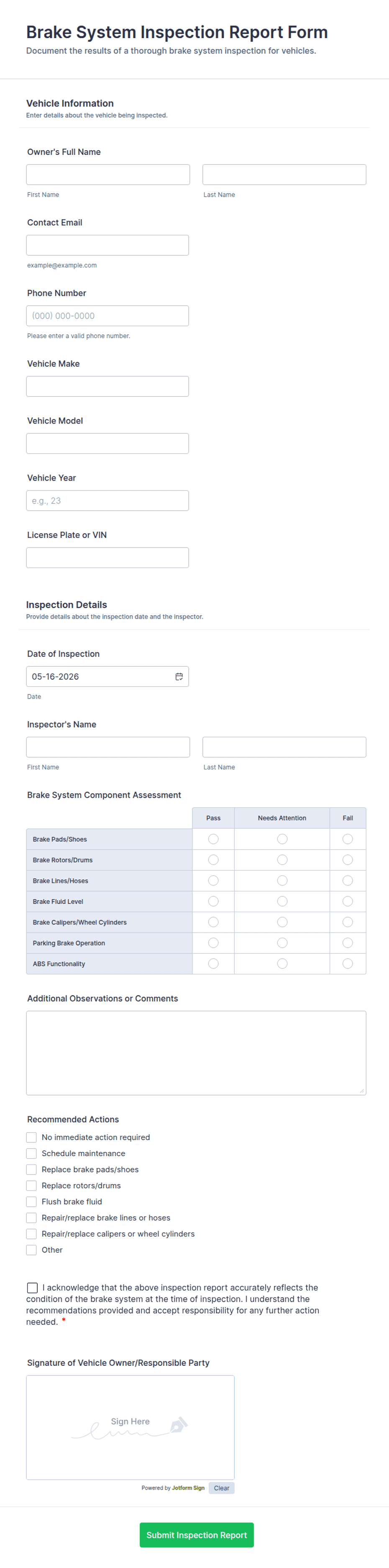 Brake System Inspection Report Form Template | Jotform
