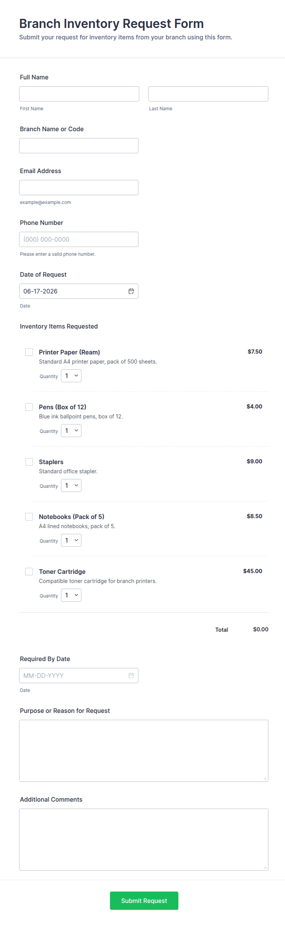 Branch Inventory Request Form Template | Jotform