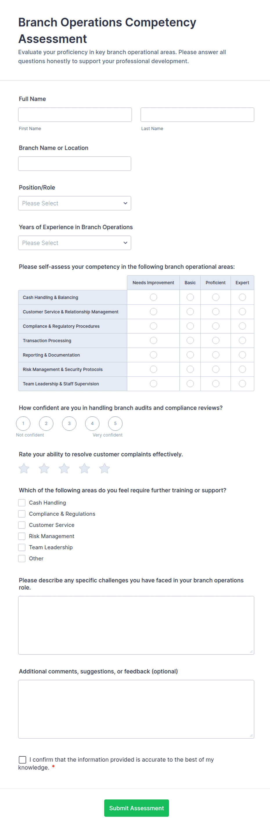 Branch Operations Competency Assessment Form Template | Jotform