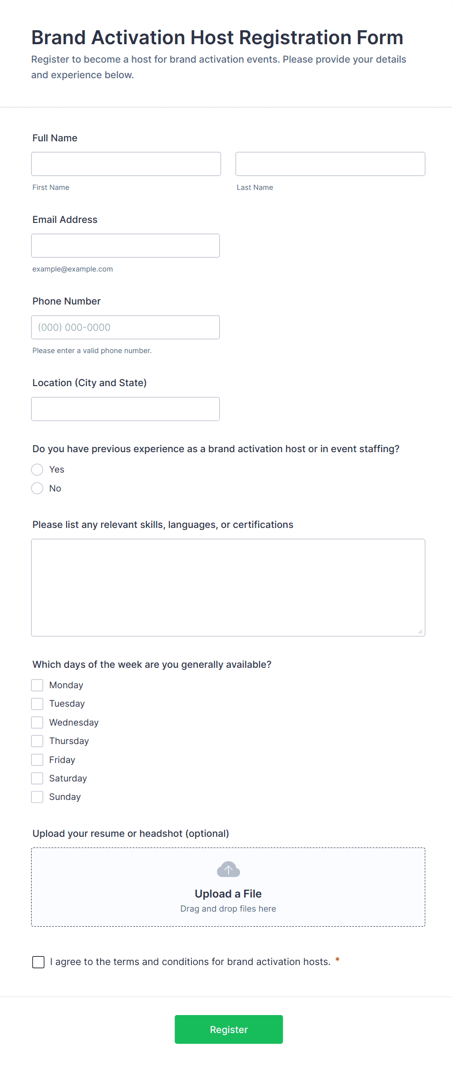 Brand Activation Host Registration Form Template | Jotform