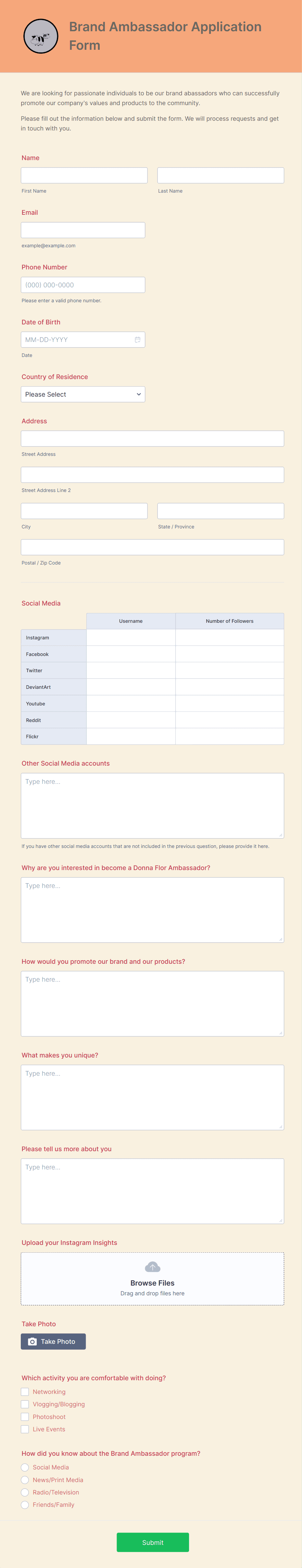 Brand Ambassador Application Form Template | Jotform