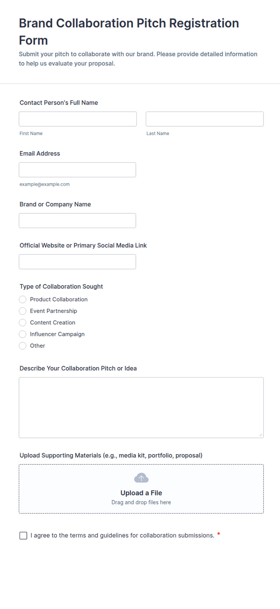 Brand Collaboration Pitch Registration Form Template | Jotform