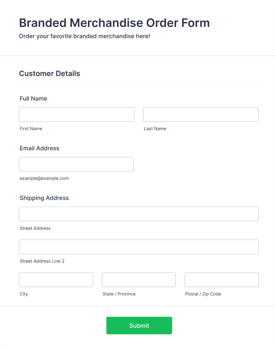 Branded Merchandise Order Form Template | Jotform