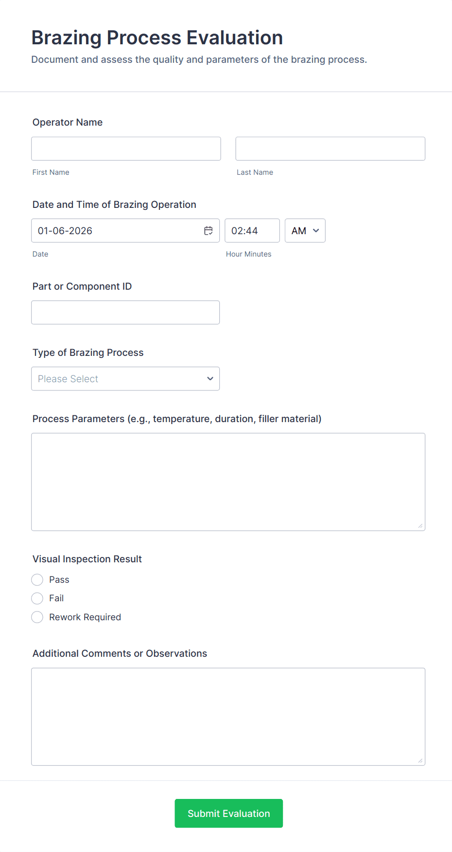 Brazing Process Evaluation Form Template | Jotform