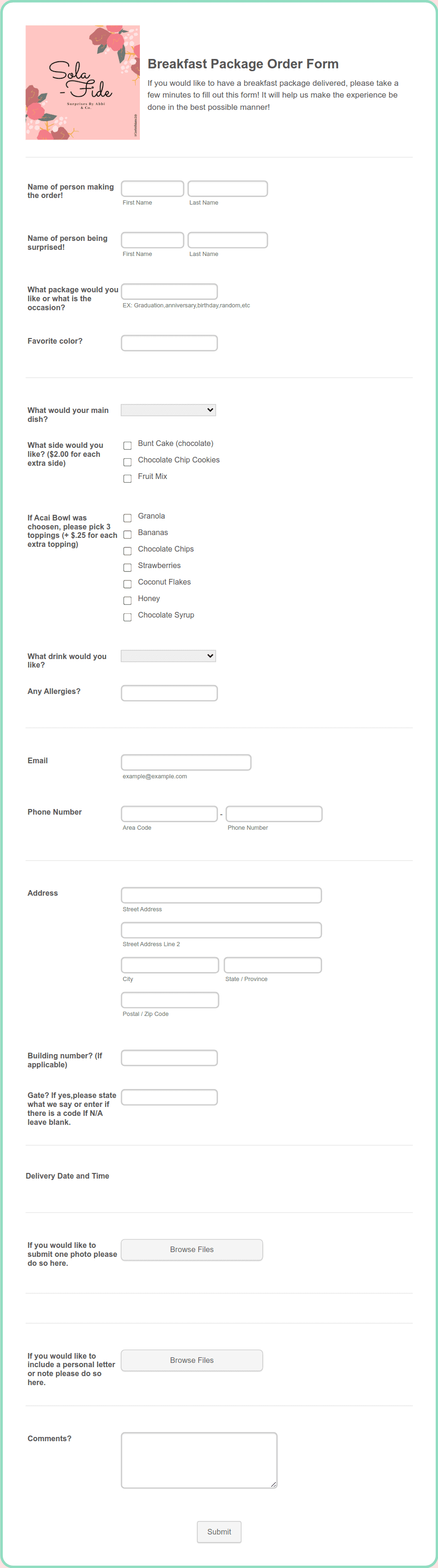 Breakfast Package Order Form Template | Jotform