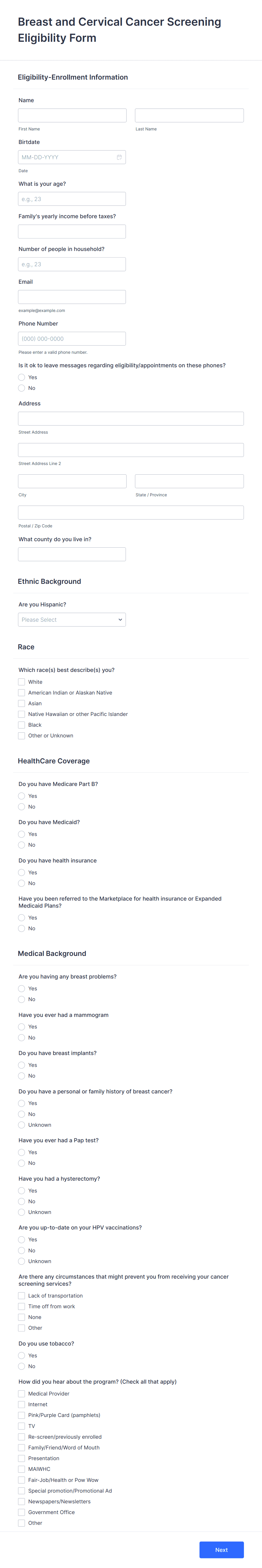 Breast and Cervical Cancer Screening Eligibility Form Template | Jotform