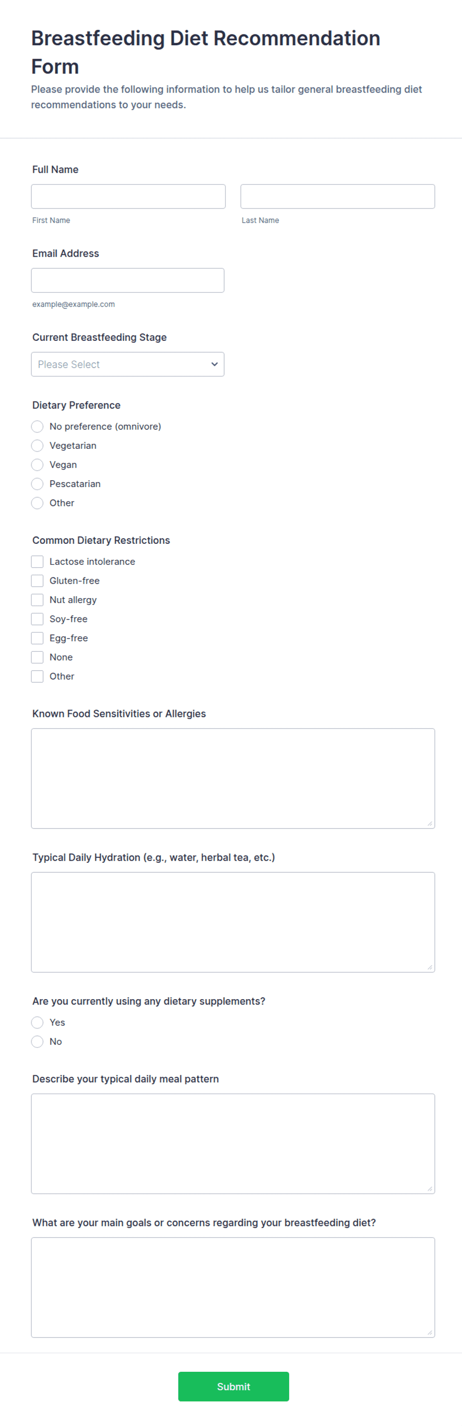 Breastfeeding Diet Recommendation Form Template | Jotform