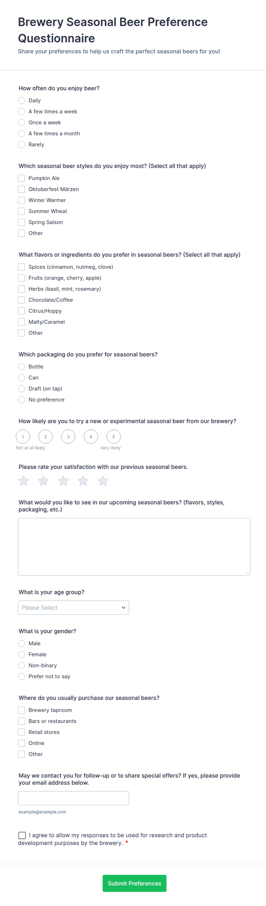 Brewery Seasonal Beer Preference Questionnaire Form Template | Jotform