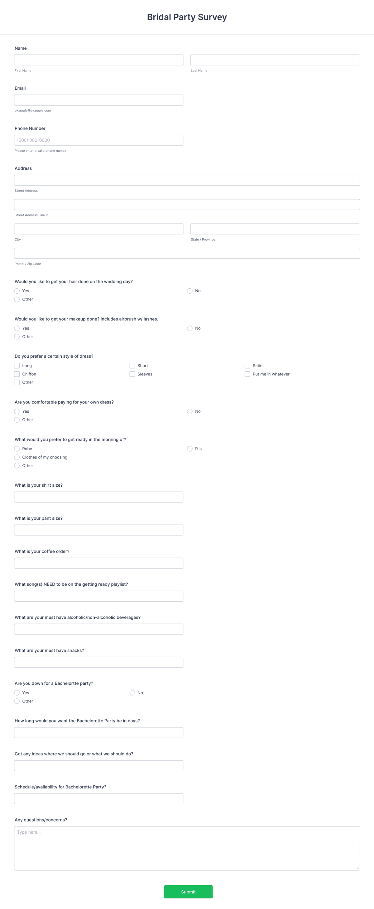 Bridal Party Survey Form Template | Jotform