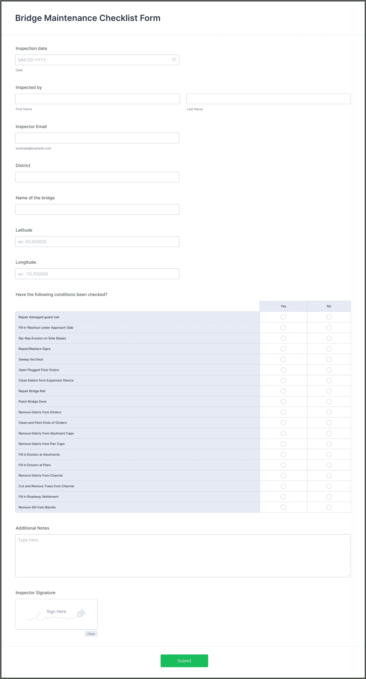 Bridge Maintenance Checklist Form Template | Jotform