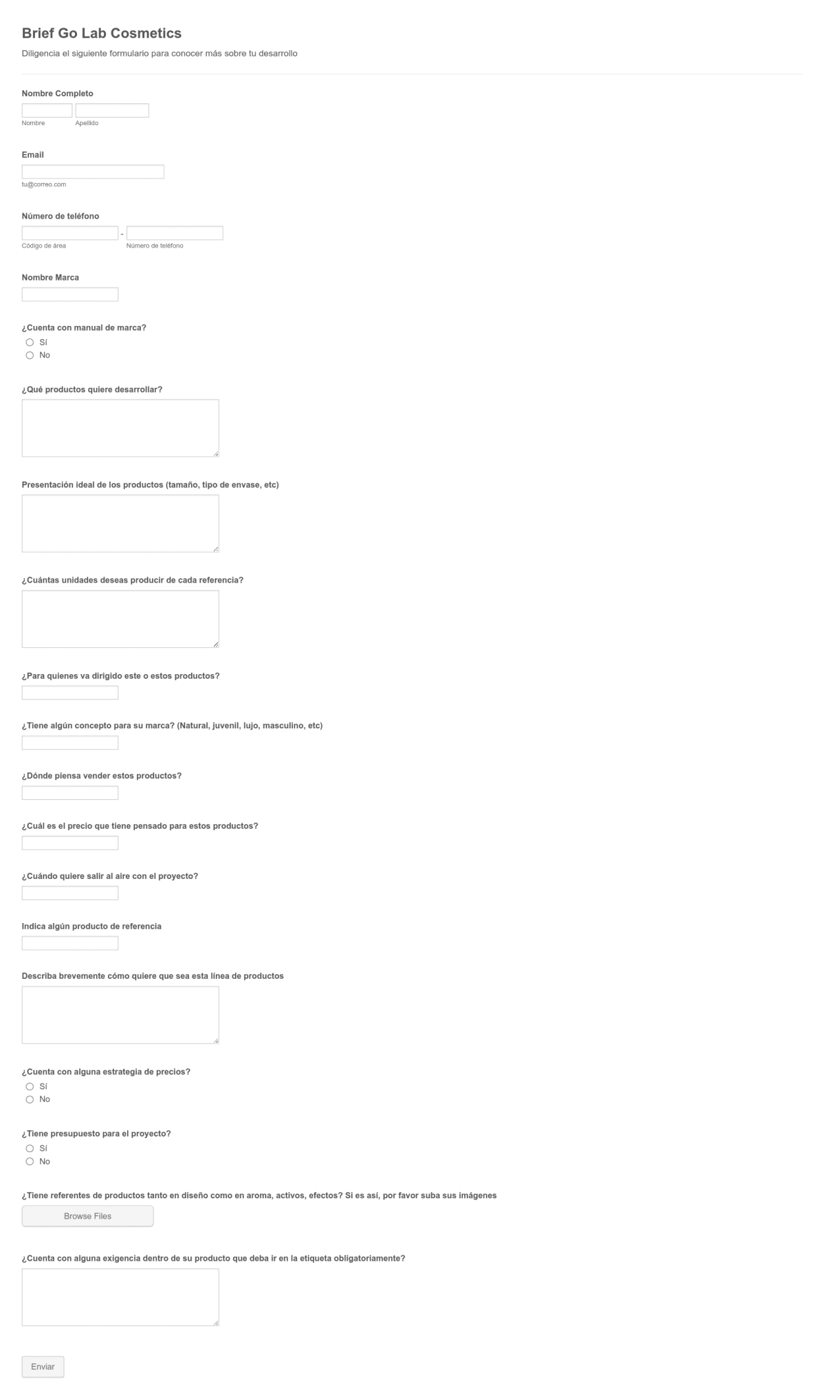 Brief Go Lab Cosmetics Plantilla de formulario | Jotform