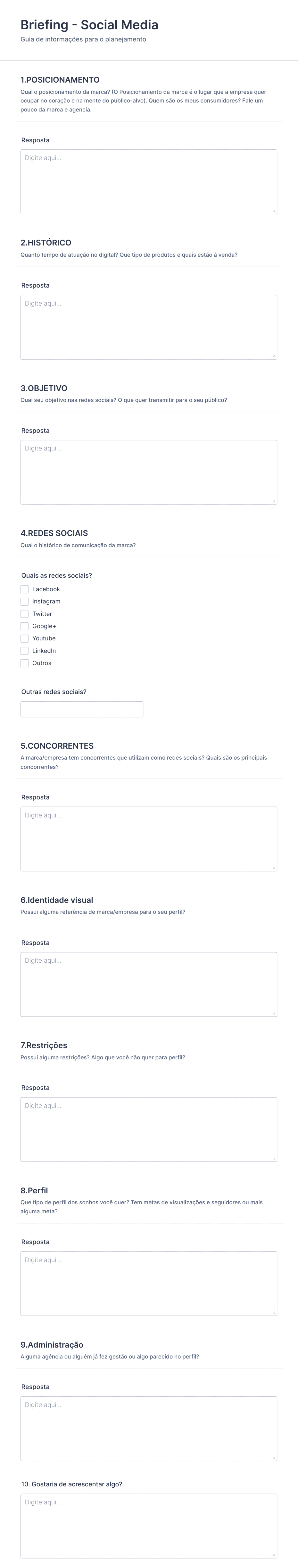 Briefing iniciante - Social Media Modelo de Formulário | Jotform