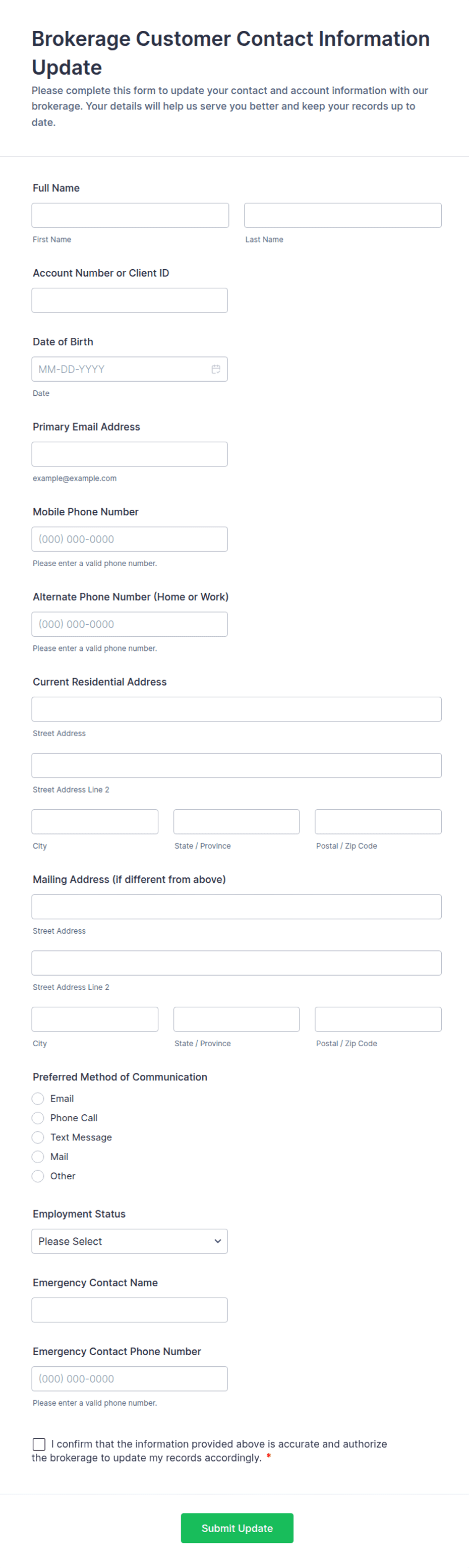 Brokerage Customer Contact Information Update Form Template | Jotform