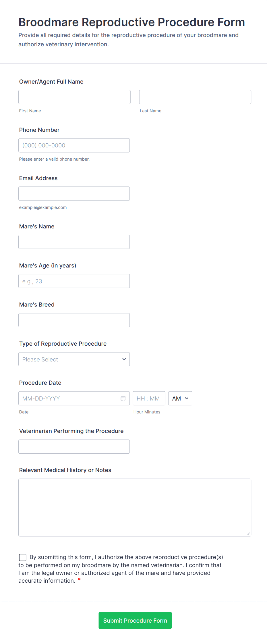 Broodmare Reproductive Procedure Form Template | Jotform