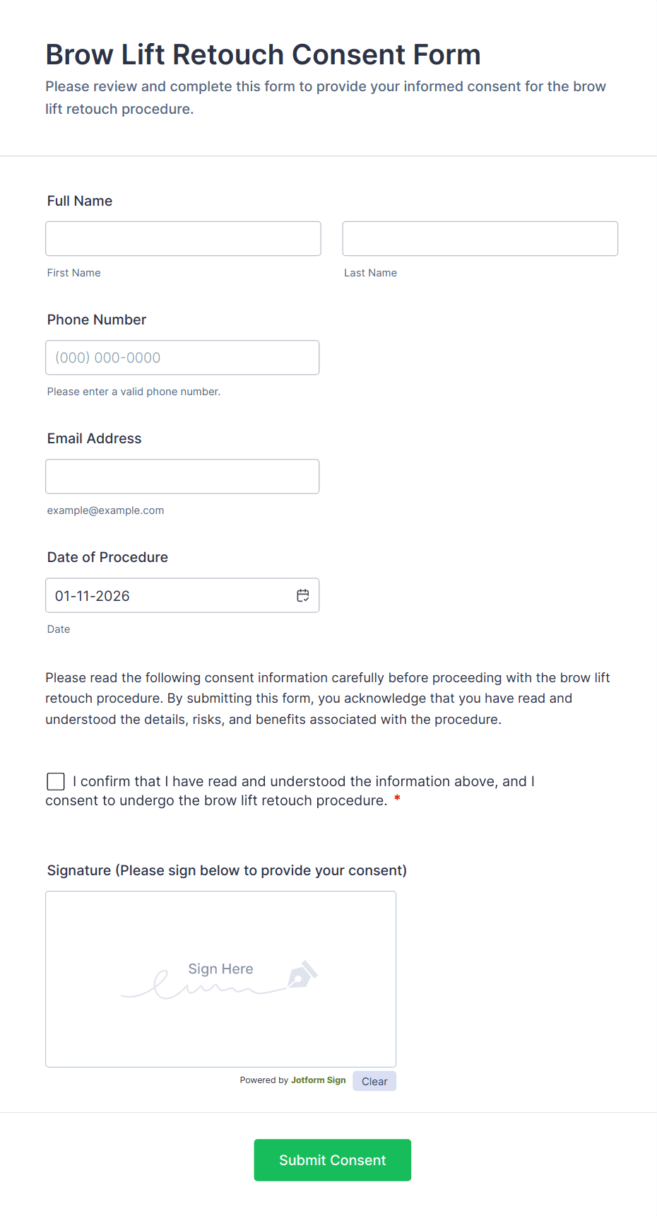 Brow Lift Retouch Consent Form Template | Jotform