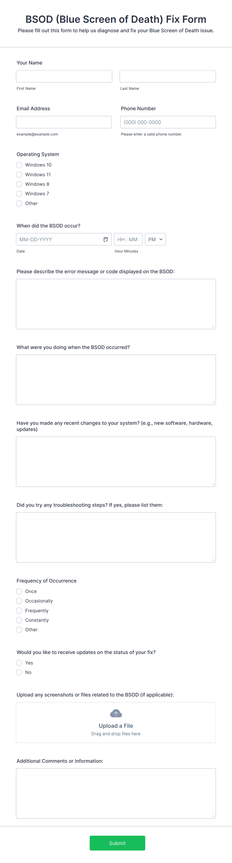 BSOD (Blue Screen of Death) Fix Form Template | Jotform