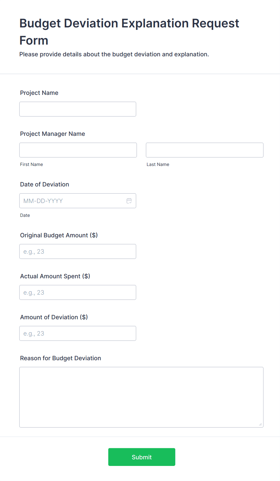 Budget Deviation Explanation Request Form Template | Jotform