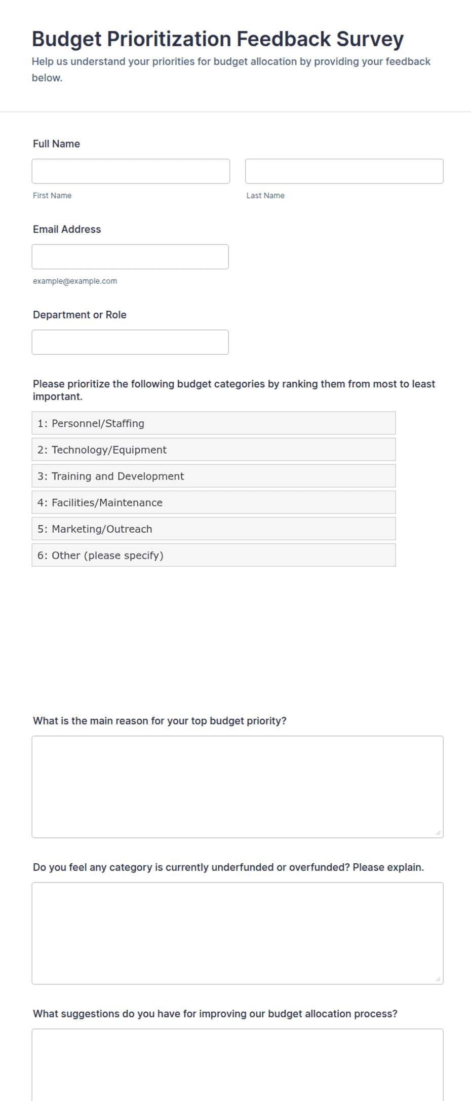 Budget Prioritization Feedback Survey Form Template | Jotform