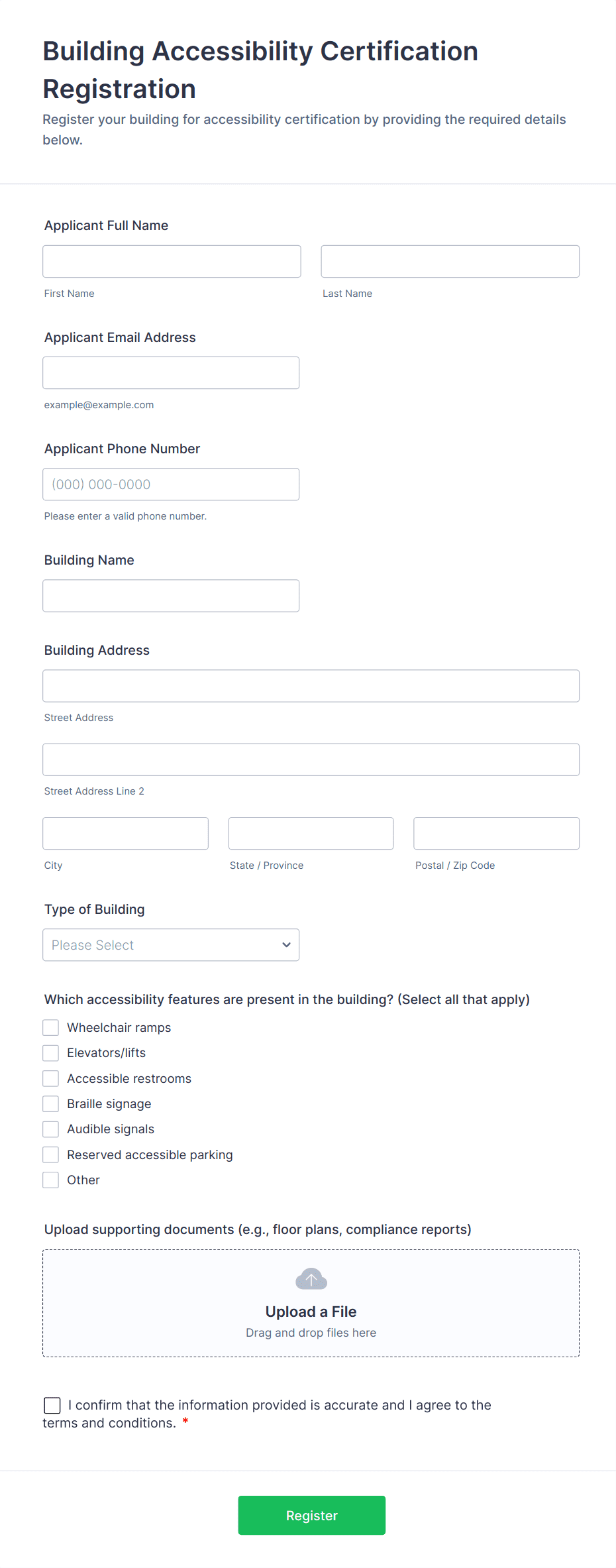 Building Accessibility Certification Registration Form Template | Jotform