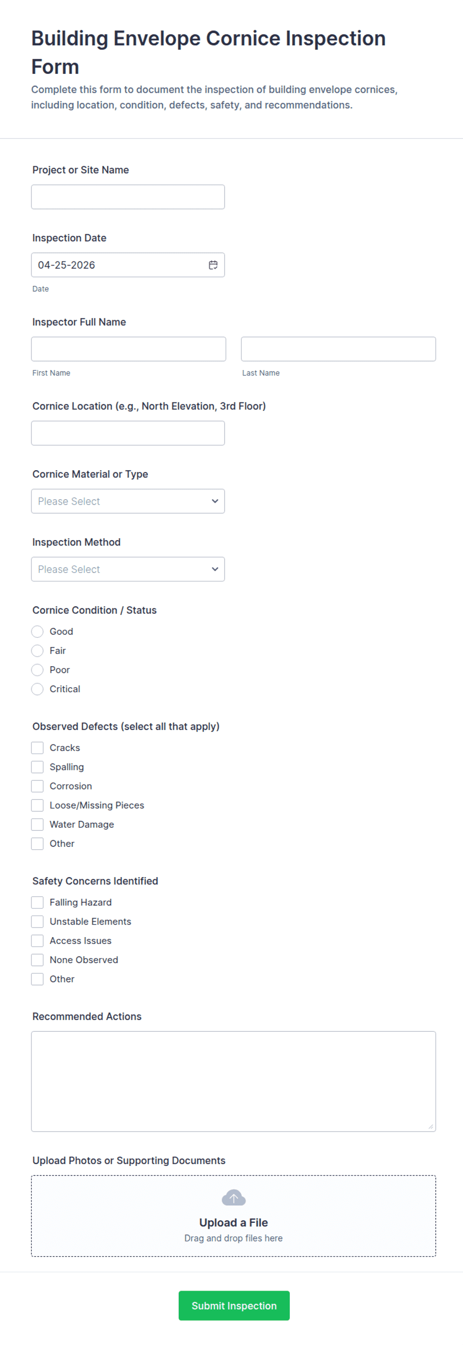 Building Envelope Cornice Inspection Form Template | Jotform