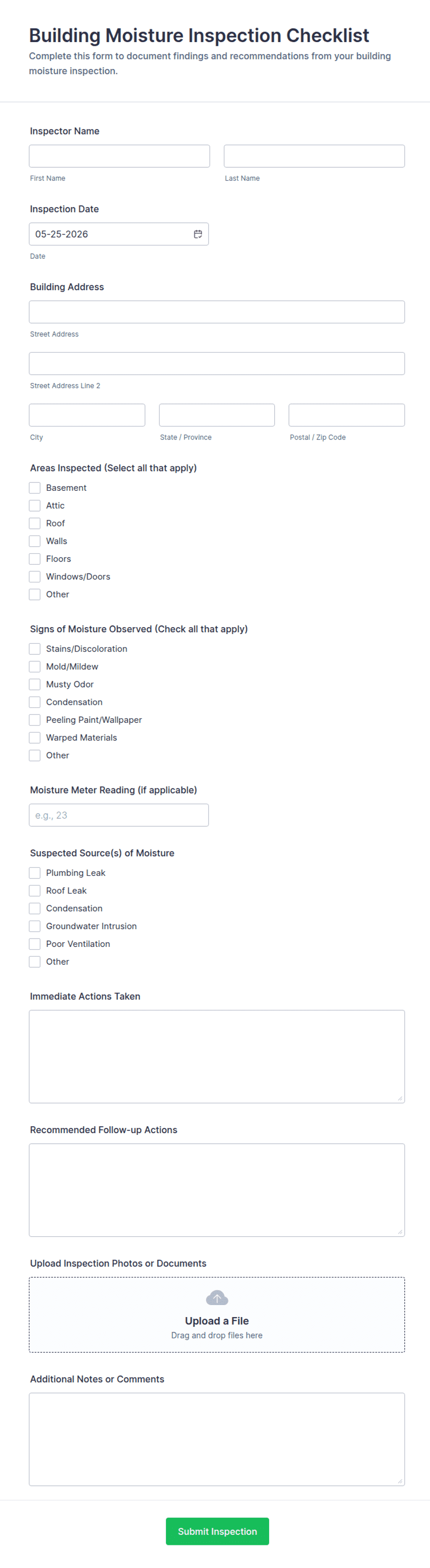 Building Moisture Inspection Checklist Form Template | Jotform