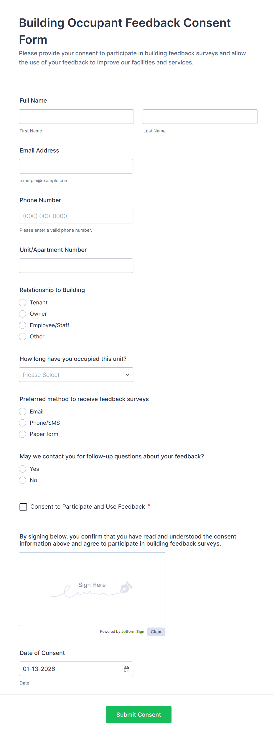 Building Occupant Feedback Consent Form Template | Jotform