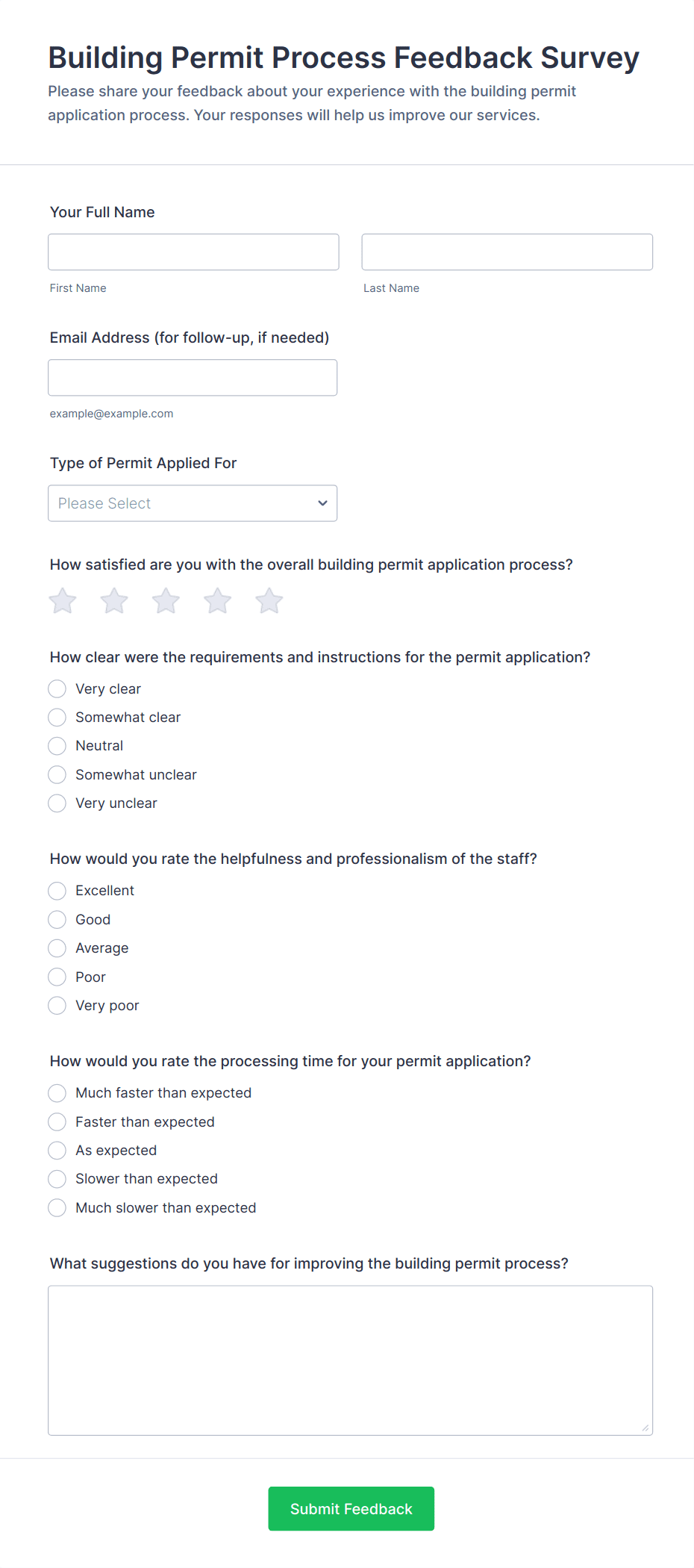 Building Permit Process Feedback Survey Form Template | Jotform