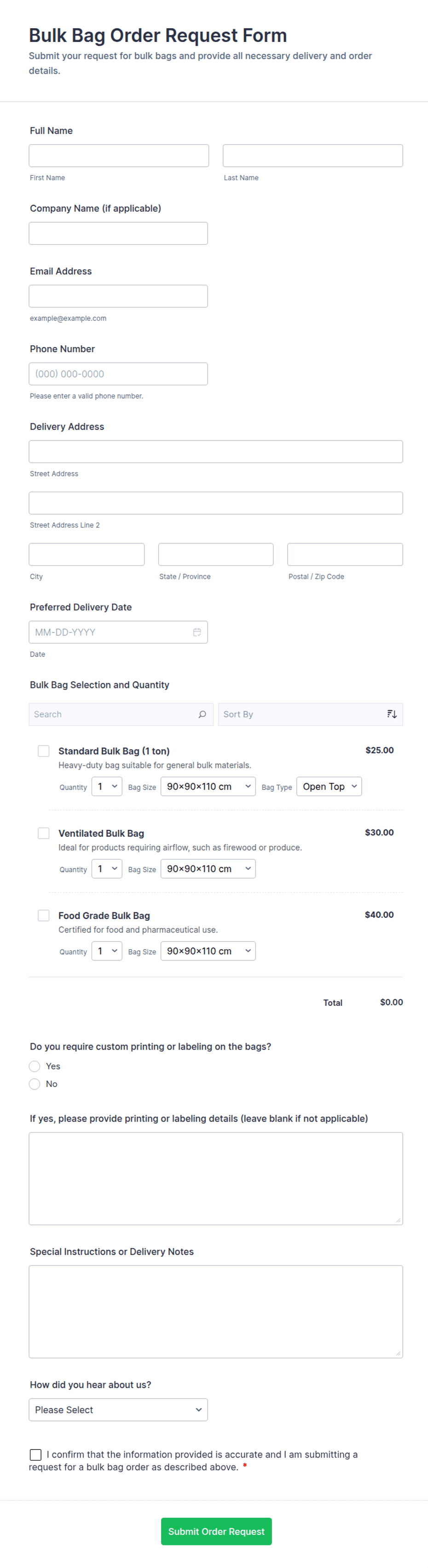 Bulk Bag Order Request Form Template | Jotform
