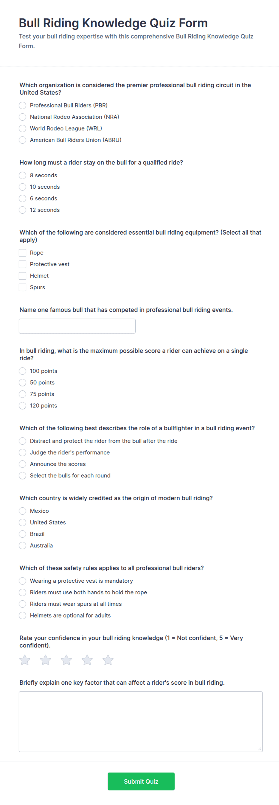 Bull Riding Knowledge Quiz Form Template | Jotform