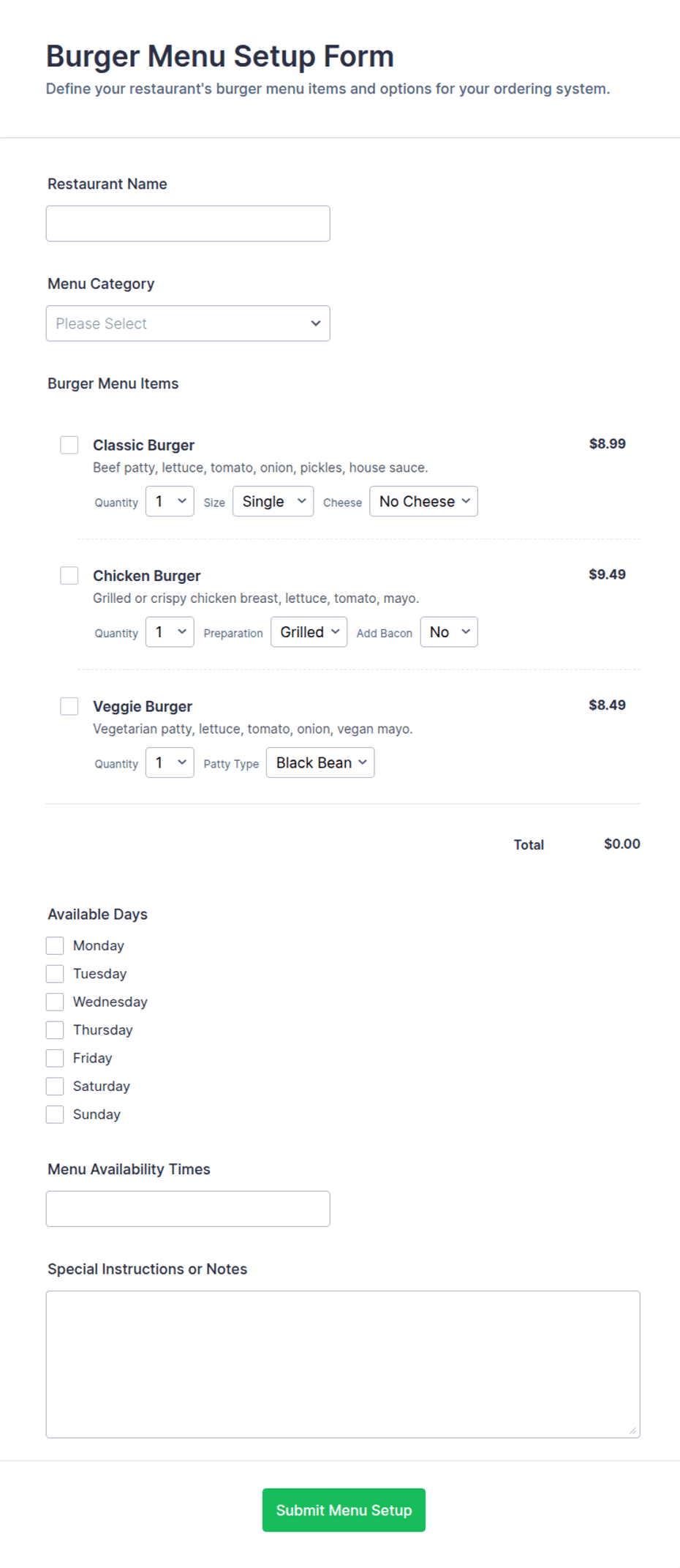 Burger Menu Setup Form Template | Jotform