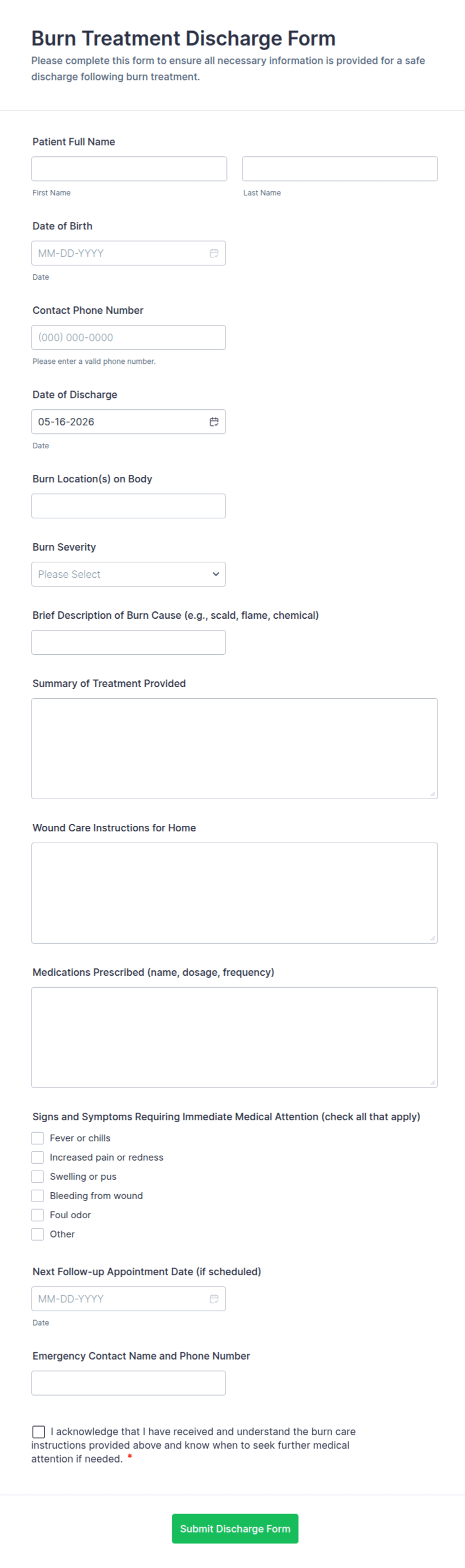 Burn Treatment Discharge Form Template | Jotform