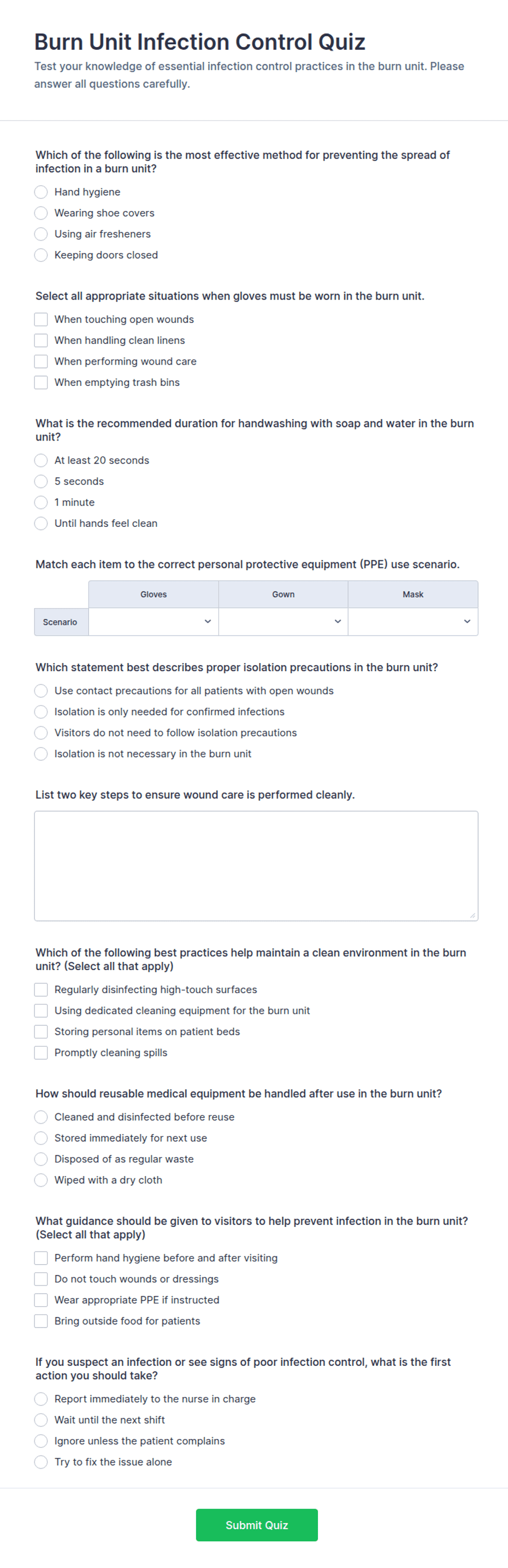 Burn Unit Infection Control Quiz Form Template | Jotform