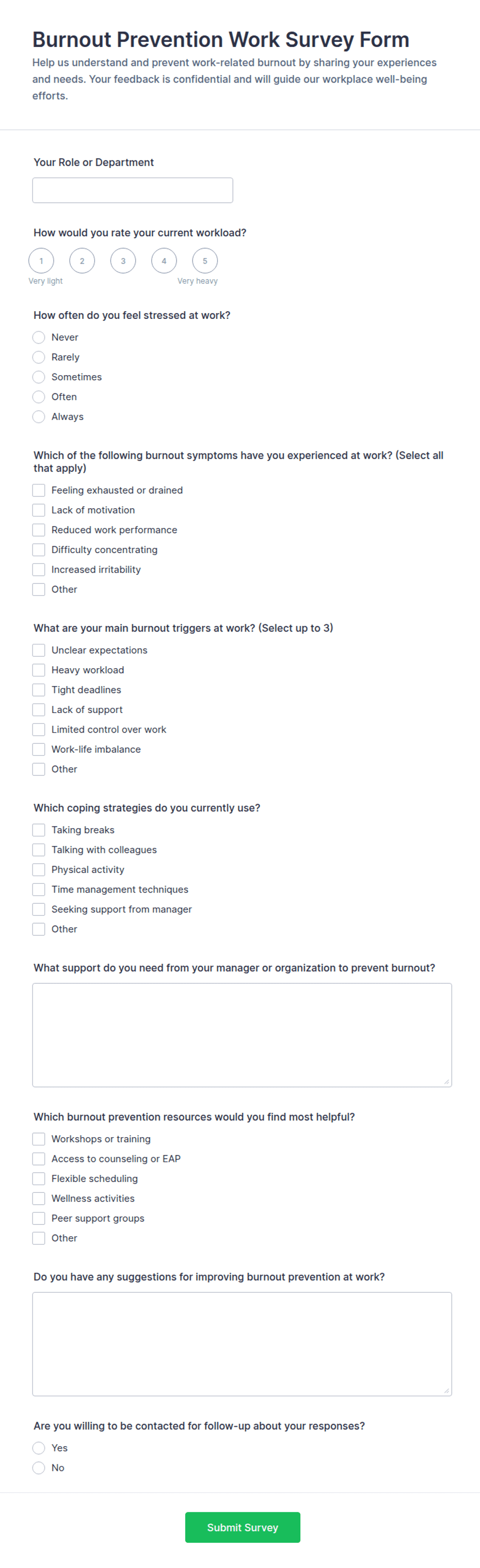 Burnout Prevention Work Survey Form Template | Jotform