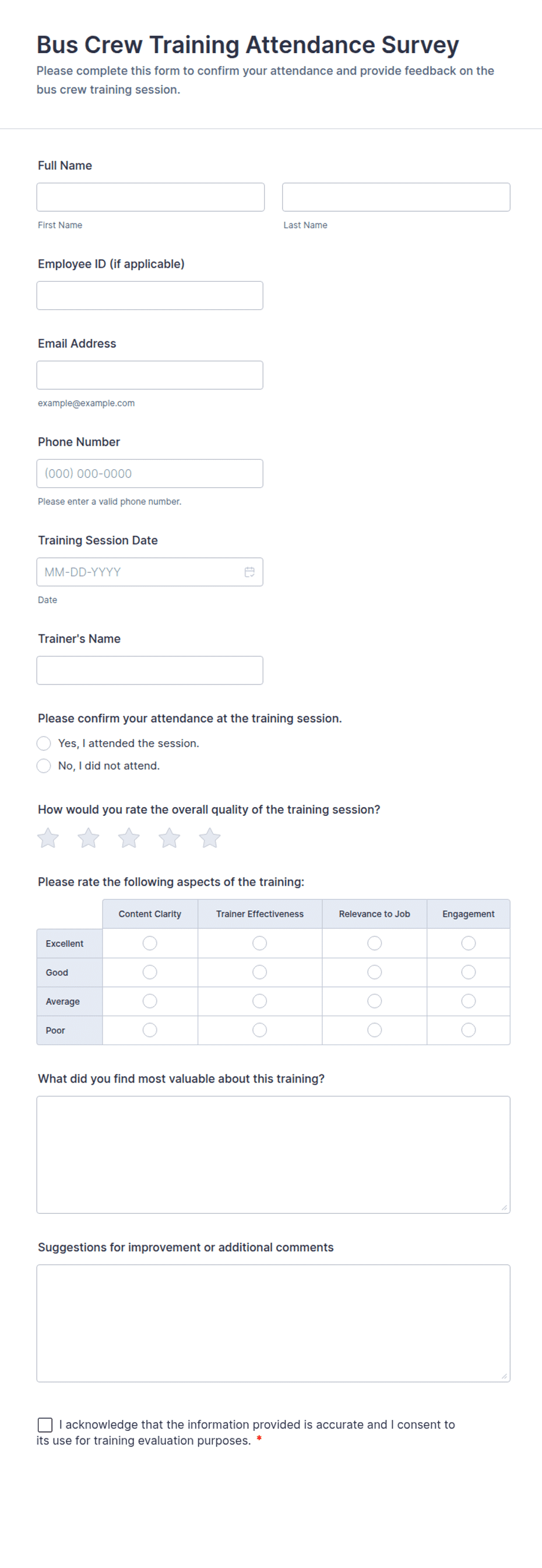 Bus Crew Training Attendance Survey Form Template | Jotform