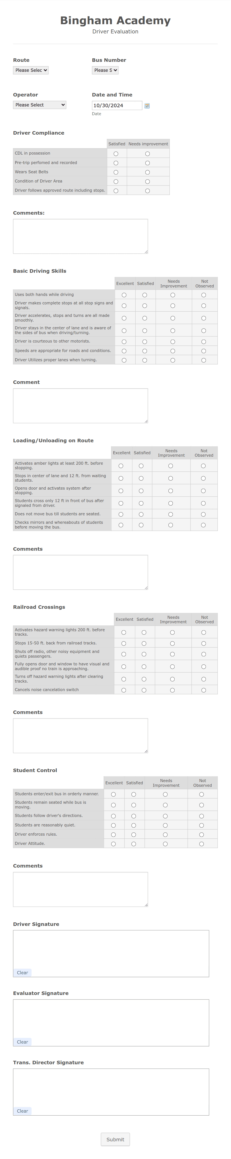 Idaho Bus Driver Evaluation Form Template | Jotform