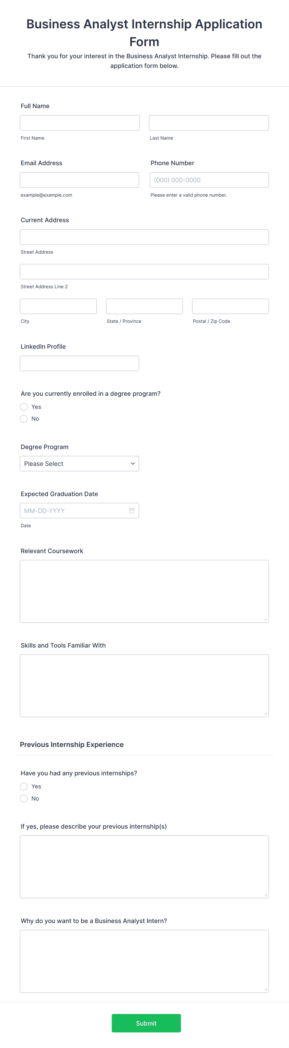 Business Analyst Internship Application Form Template | Jotform