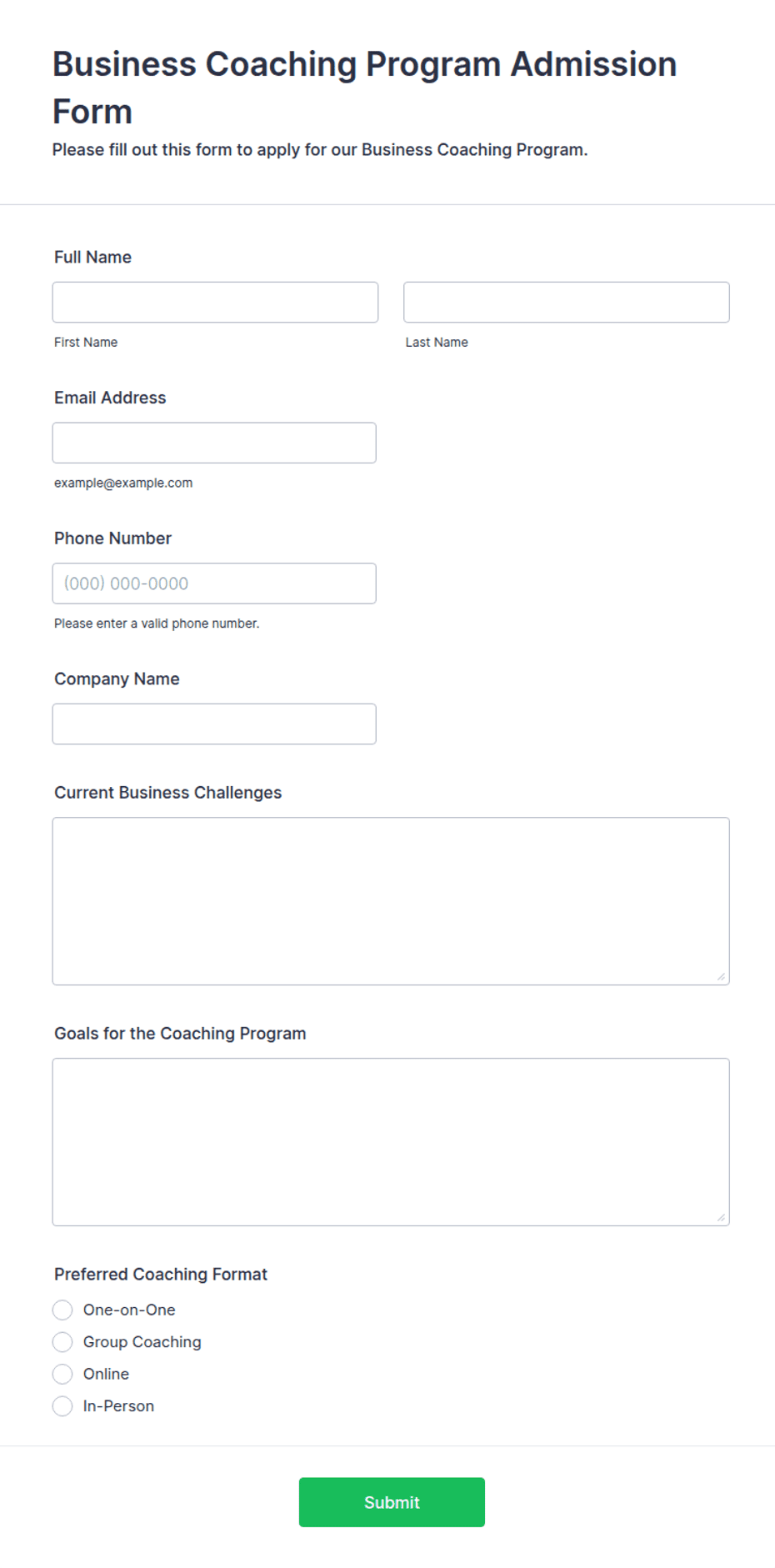 Business Coaching Program Admission Form Template | Jotform