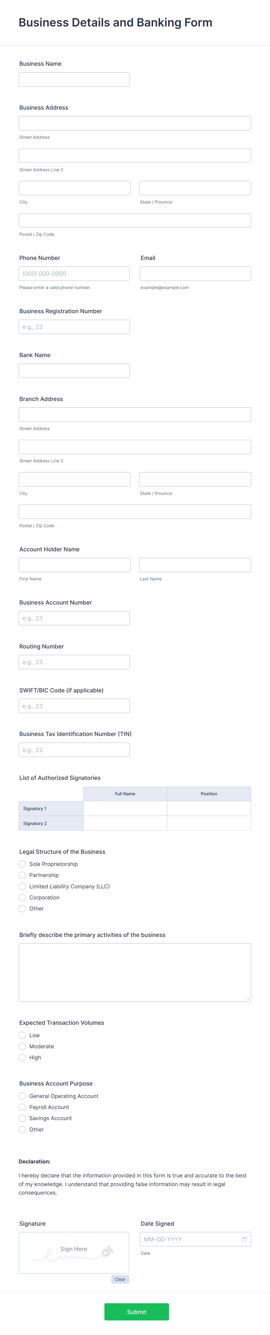 Business Details and Banking Form Template | Jotform