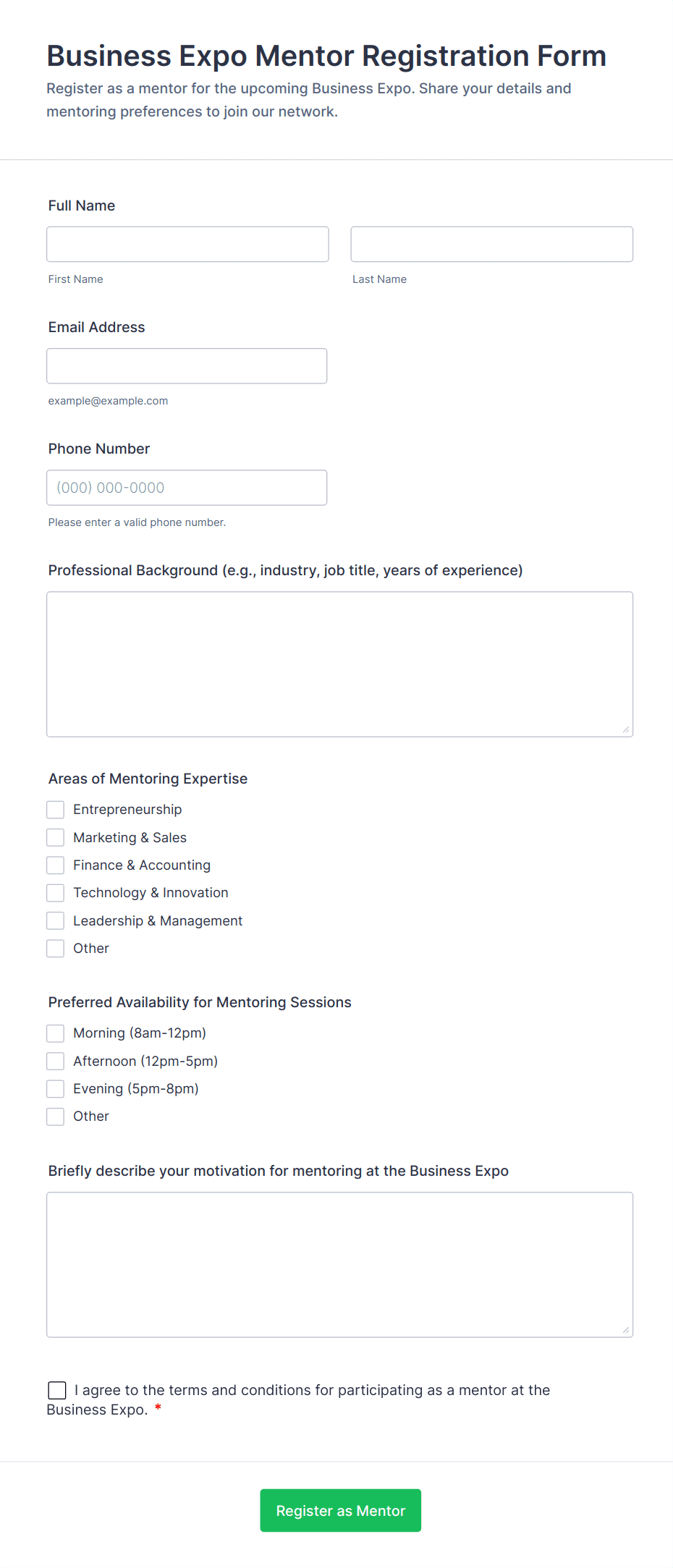 Business Expo Mentor Registration Form Template | Jotform