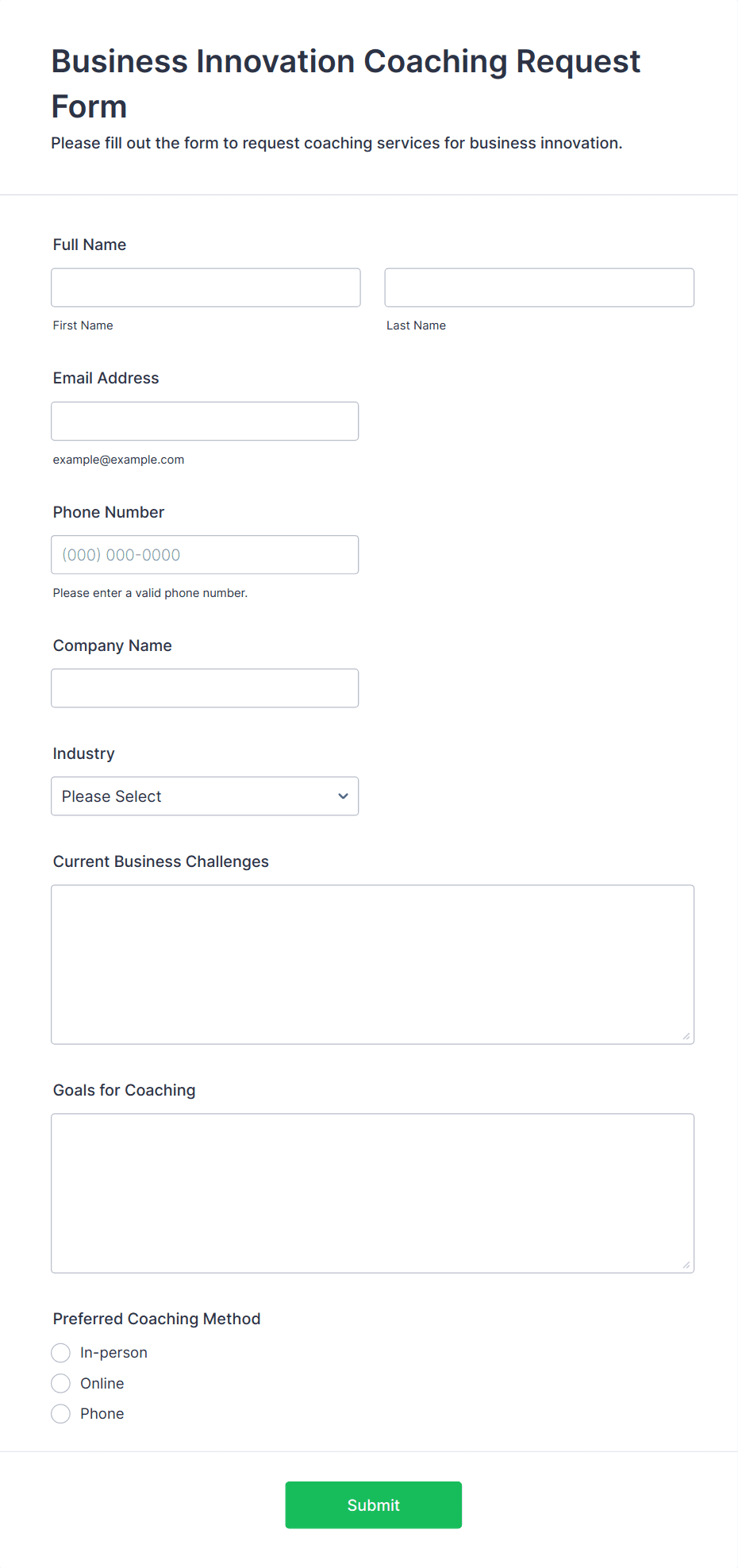Business Innovation Coaching Request Form Template | Jotform