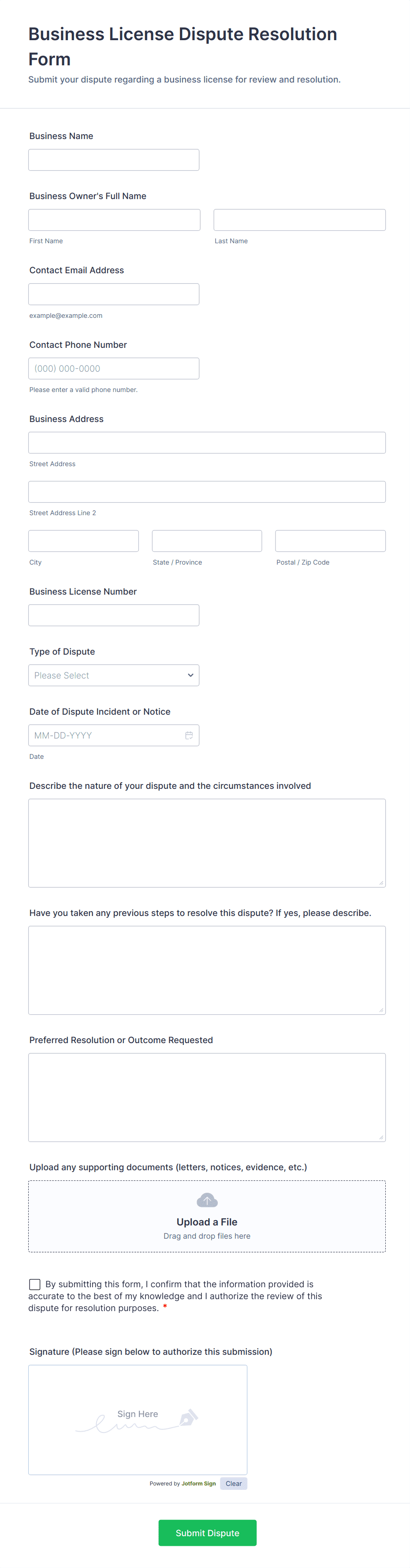 Business License Dispute Resolution Form Template | Jotform